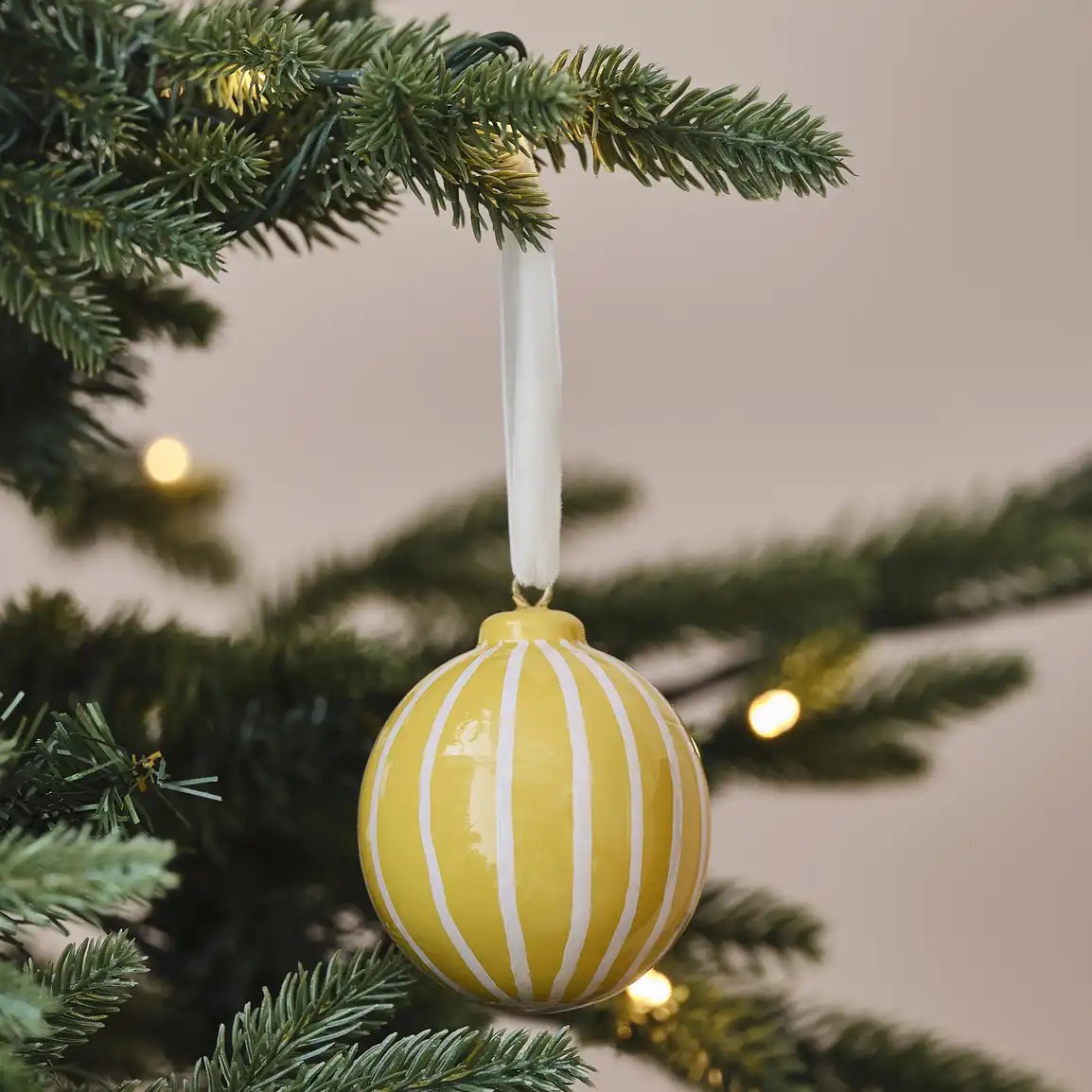 Yellow and White Striped Hand Painted Christmas Bauble | The Little ...